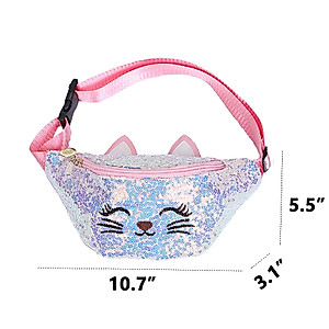 BIBDOO Kids Fanny Pack for Girls Shiny Waist Bag Cat Gift with Pom Pom