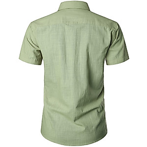 ZEROYAA Men's Fitted Cotton Linen Casual Short Sleeve Button Up Shirts Lightweight Beach Tops with Pocket ZLSC34-Bean Green Medium