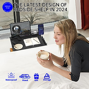 GRDNON Bedside Shelf with Phone Holder for Bed, ‎Bamboo Bed Shelf Organizer for Top Bunk, Clip on Nightstand for College Dorm Loft Bed, Bedside Shelf Tray for Kids, Built Earphones & Tablet Slot