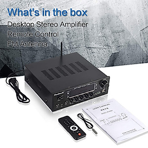 Wireless Bluetooth Home Audio Amplifier – 400W Dual Channel Home Theater Sound Compact Stereo Receiver System w/FM Radio, USB/SD, AUX, RCA, Mic in, Remote Control for Sweet Sound. (Sunbuck AS-90BU)