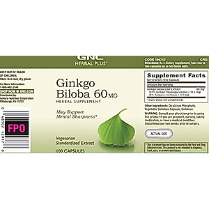 GNC Herbal Plus Ginkgo Biloba 60mg, 100 Capsules, Supports Mental Sharpness