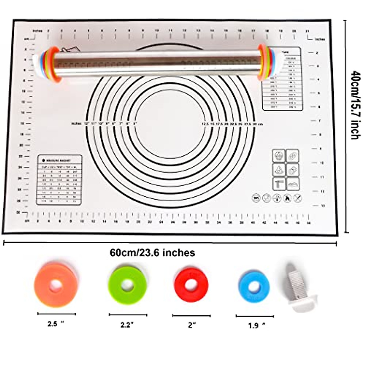 Adjustable Rolling Pin with Thickness Rings for Baking, Stainless Steel Desgins Dough Roller Pins with Silicone Pastry Nonstick Mat for Cookie Decorating Baking Supplies Fondant Cake Baker Gift