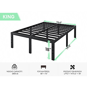 QEROMY King Size Bed Frame - 18 in Sturdy Platform Bed Frame King, Heavy Duty Metal Bed Frame No Box Spring Needed, Quick & Easy Assembly, No Noise, Black