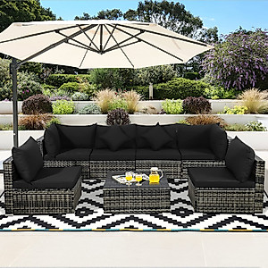 PATIOJOY 7-Piece Patio Furniture Set, Outdoor Sectional PE Rattan Sofa Set with Cushions and Tempered Glass Coffee Table, All-Weather Conversation Set for Backyard (Black)