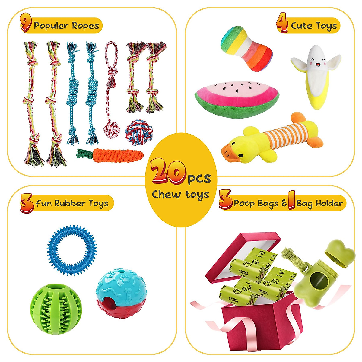 KIPRITII Luxury Puppy Chew Toys - 20 Pack With Rope, Squeaky, and Bite Toys for Teething Small Dogs