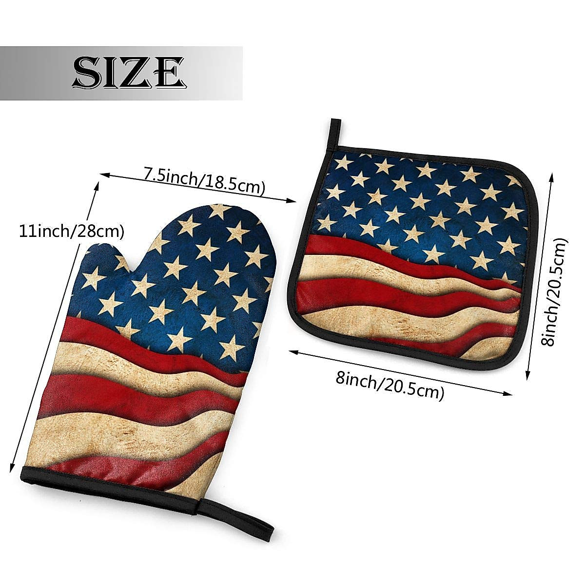 VunKo Retro American Flag Oven Mitts and Pot Holders Sets Heat Resistant Kitchen Oven Gloves Non-Slip for Safe BBQ Cooking Baking Grilling Set of 2