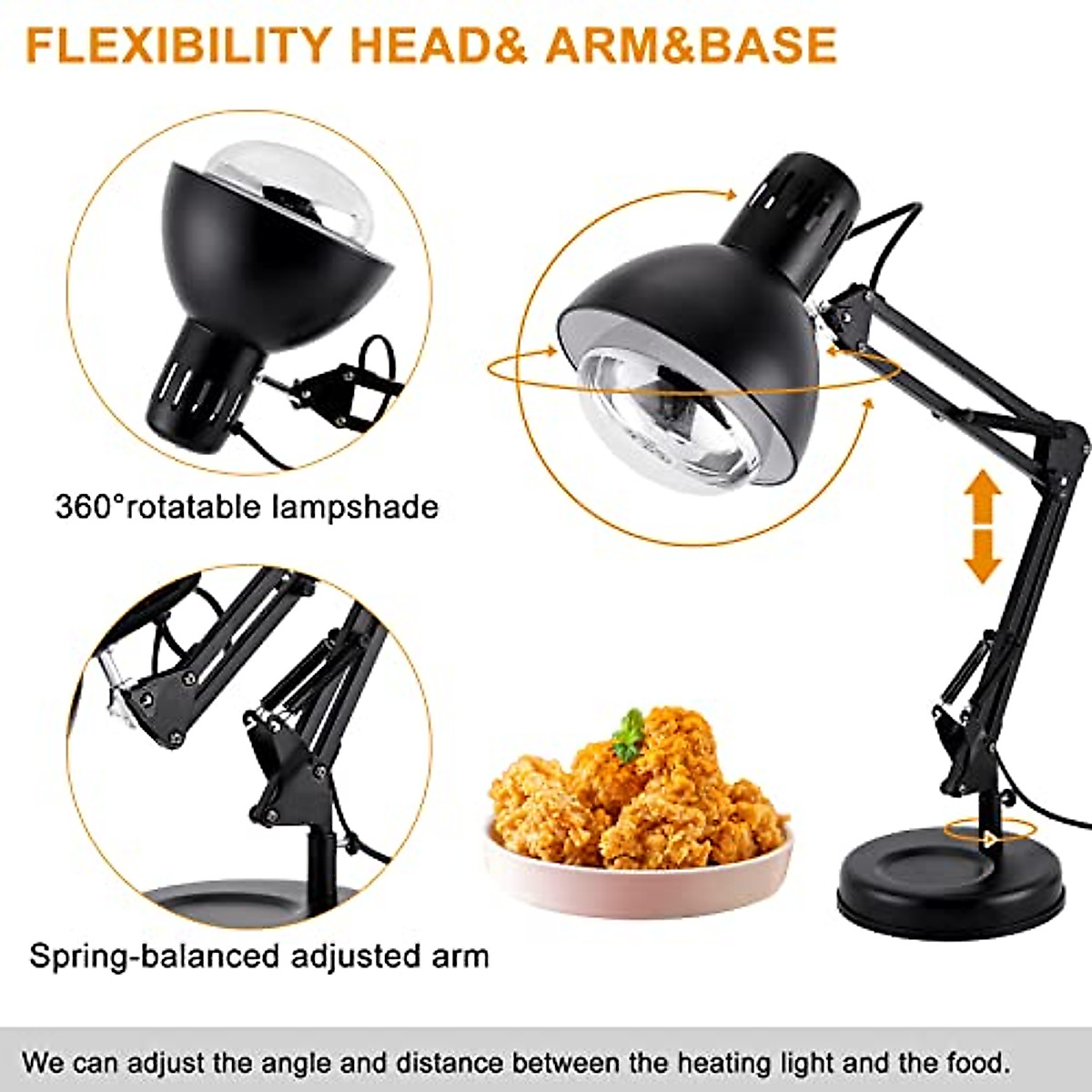 YMJOINMX Food Heat Lamp Temp. Adjustable with 250w Bulb for Food Home Kitchen Food Heating Lamp Warmer