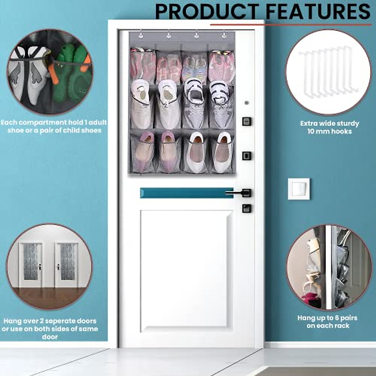 MERB Home 2 Pack Shoe Storage Organizer with Innovative Hook - Hang 2 Racks on 1 Door or on different Doors - Hanging Door Rack- 12 Pockets - Foldable Hanging Storage Organizer (3 Rows of pockets)