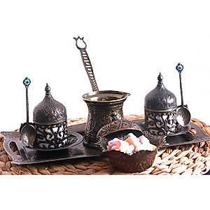 HeraCraft Antique Bronzed Color Turkish Coffee Serving Full Set - with Turkish Coffee Multi Serving Tray 6 oz Coffee Pot 2pcs Cups Lids Tray Sugar Bowl Spoons - Best Gift Set