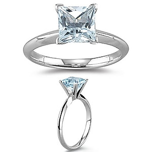 Vogati 1.60 Ct 7 mm AA Princess Aquamarine Solitaire Ring in 14K White Gold-7.5