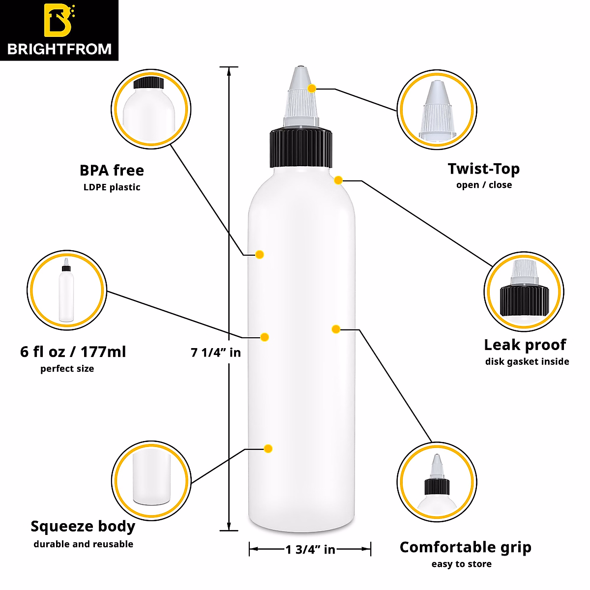 BRIGHTFROM Twist Top Applicator Bottles, Squeeze 6 OZ Empty Plastic Bottles, Refillable, Open/Close Nozzle - Multi Purpose (Pack of 2) (Black)