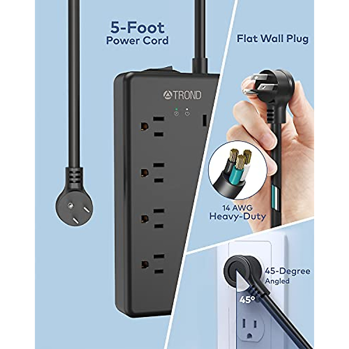 Surge Protector Power Strip, TROND 5ft Extension Cord with 8 Outlets ...