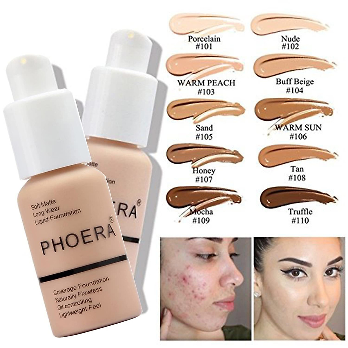PHOERA Foundation Full Coverage Makeup, Mushroom Head Air Cushion CC Cream Natural Foundation, PHOERA Primer, PHOERA Powder, Brushes Foundation Brush,2 Makeup Sponge(102Nude+ 02Natural CC)