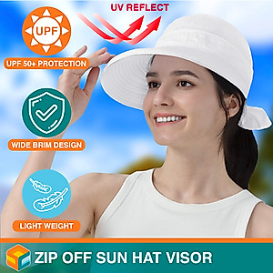 SUN CUBE Women Sun Hat for Outdoor UV Protection, Wide Brim Sun Hat Ponytail, Convertible Zip-Off Beach Hat Visor for Golf Gardening Pool Travel, Foldable Summer UPF50+ Visor Hat, White