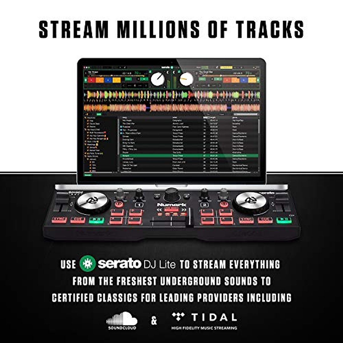 Numark DJ2GO2 Touch – Compact 2 Deck USB DJ Controller For Serato DJ with a Mixer / Crossfader, Audio Interface and Touch Capacitive Jog Wheels,Black