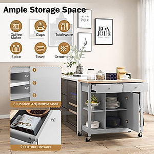 LOKO Kitchen Island on Wheels, Rolling Kitchen Serving Cart with 2 Drawers, 4 Open Shelves & Adjustable Shelf, 3-Tier Kitchen Cart with Rubber Wood Top for Home Kitchen & Coffee Bar, Grey
