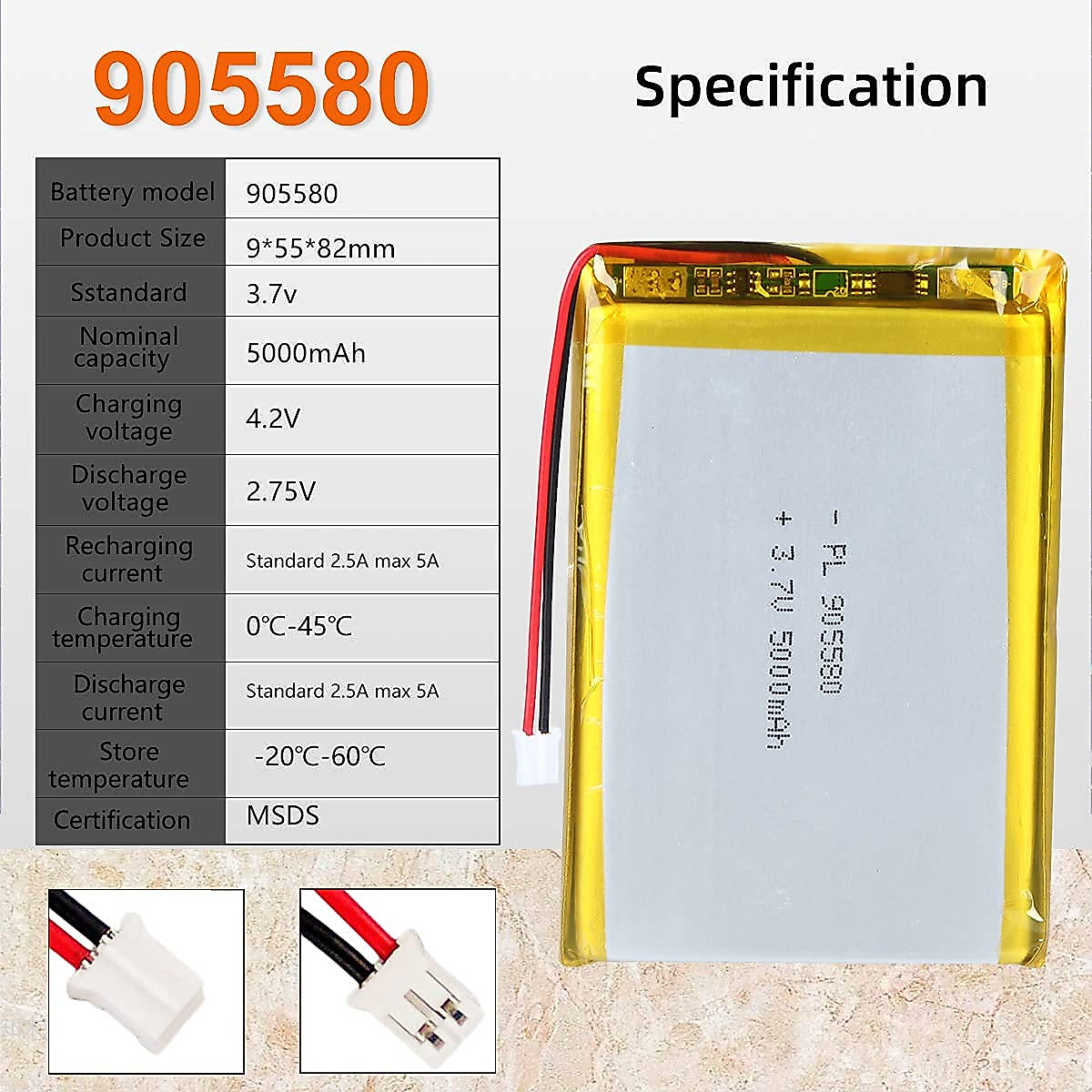 AKZYTUE 3.7V 5000mAh 905580 Lipo Battery Rechargeable Lithium Polymer ion Battery Pack with PH2.0mm JST Connector