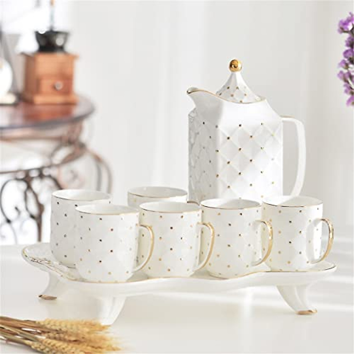 LDCHNH 8 Pieces of White Porcelain Coffee Tea Set with Gold Dots Ceramic Teapot Storage Tray Kitchen Tableware Home Decoration (Color : D, Size