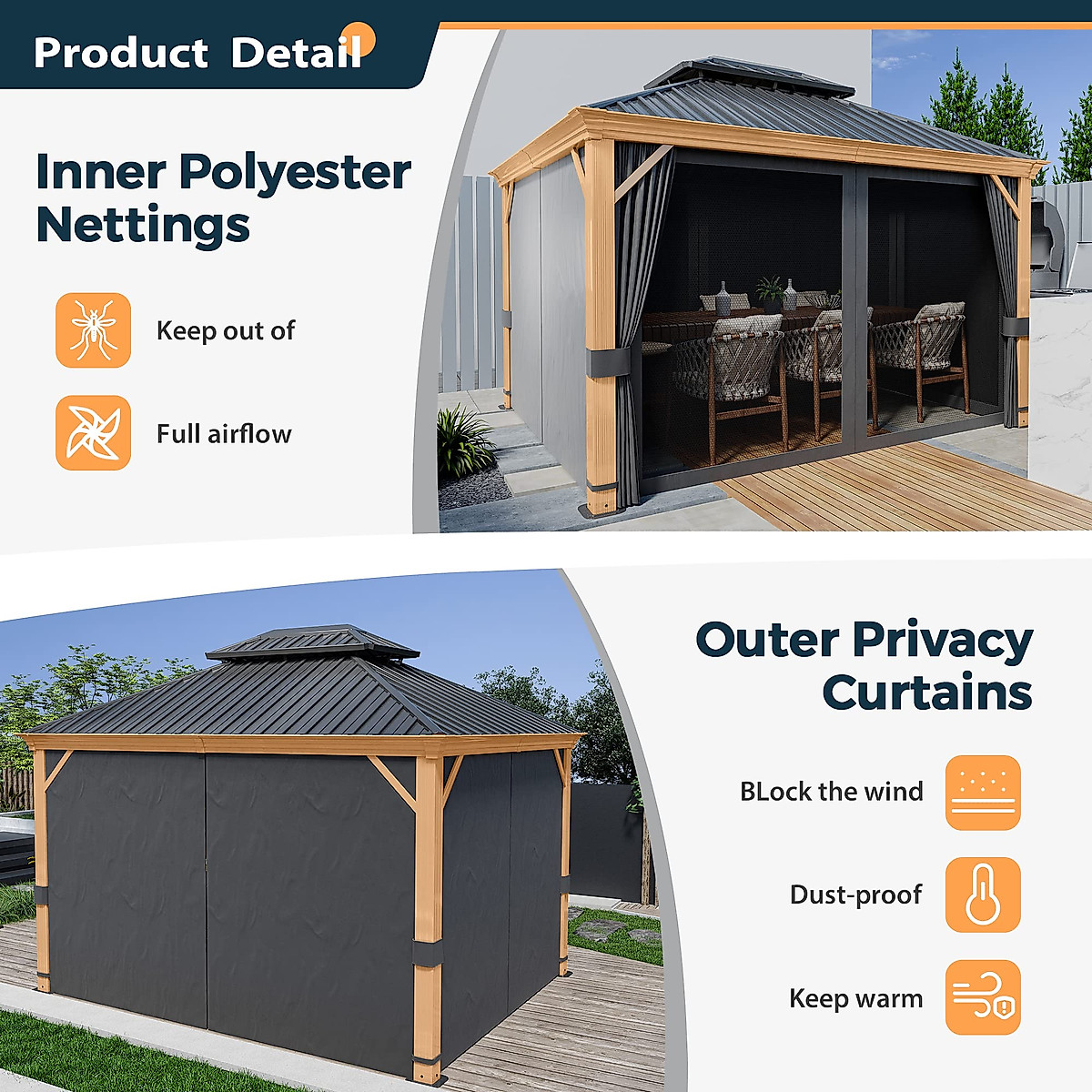 HAPPATIO 10' x 12' Hardtop Gazebo, Outdoor Wood Grain Frame Aluminum Gazebo, Double Roof Permanent Patio Gazebo Canopy with Netting and Curtains for Garden, Patio, Lawns, Parties (Grey)