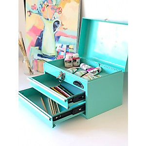 Apollo Tools 14 Inch Steel Tool Box with Deep Top Compartment and 2 Drawers in Heavy-Duty Steel With Ball Bearing Opening and Powder Coated Finish - Aqua Green - DT5010-GR