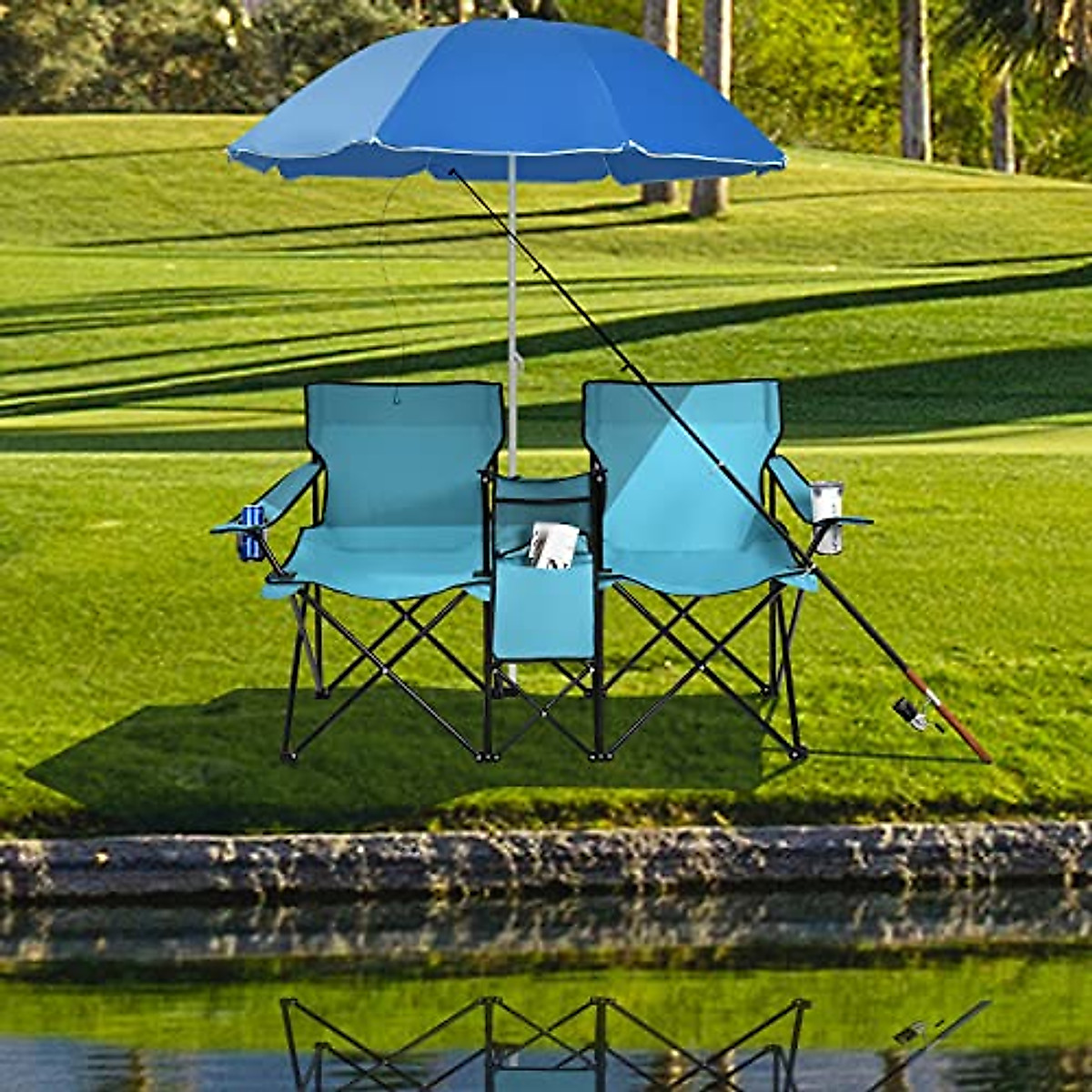 ARLIME Double Folding Beach Chairs, Outdoor Picnic Portable Loveseat Chairs with Removable Umbrella & Mini Table Carrying Bag, Camping Chair for Patio, Pool, Park (Turquoise)