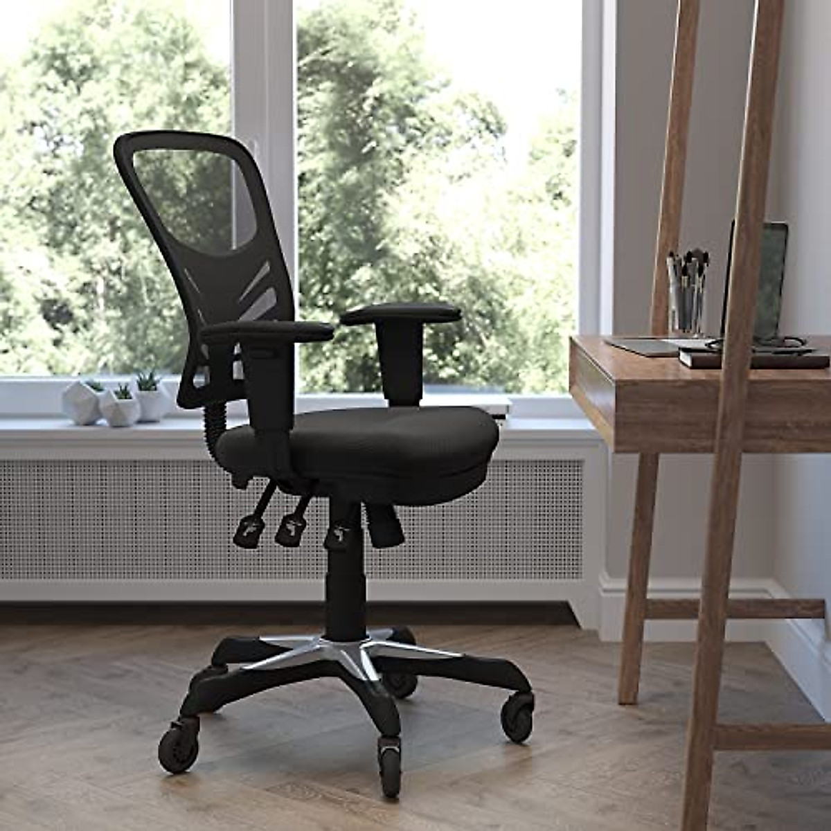 Flash Furniture Nicholas Mid-Back Multifunction Executive Swivel Ergonomic Office Chair with Adjustable Arms, Transparent Roller Wheels, 27", Black Mesh