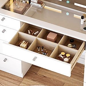 Bvldfamly Makeup Furniture with Power Outlet & LED Lights, Glass Top Makeup with Multiple Storage Space, 3 Lighting Modes Adjustable Brightness for Dressing Room, White