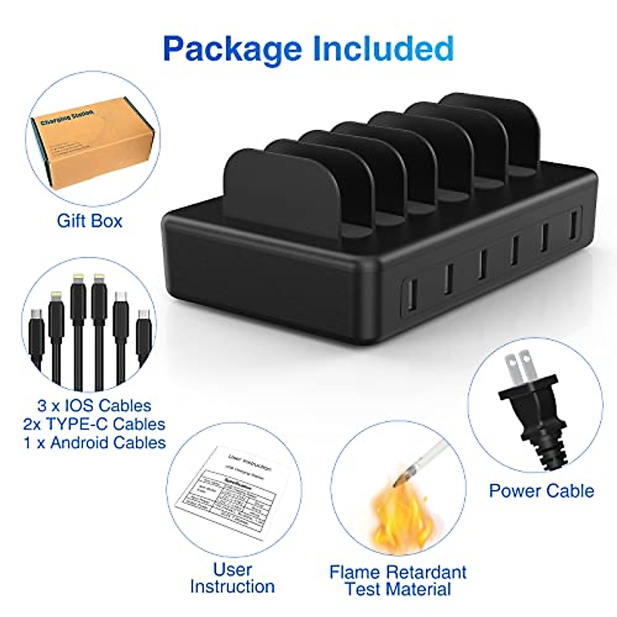 ZXSWONLY Charging Station for Multiple Devices, 50W 6 Ports USB Charging Station Organizer with 6 Cables Compatible with Cellphone, Tablet, Kindle, and Other Electronic (White) (Black)