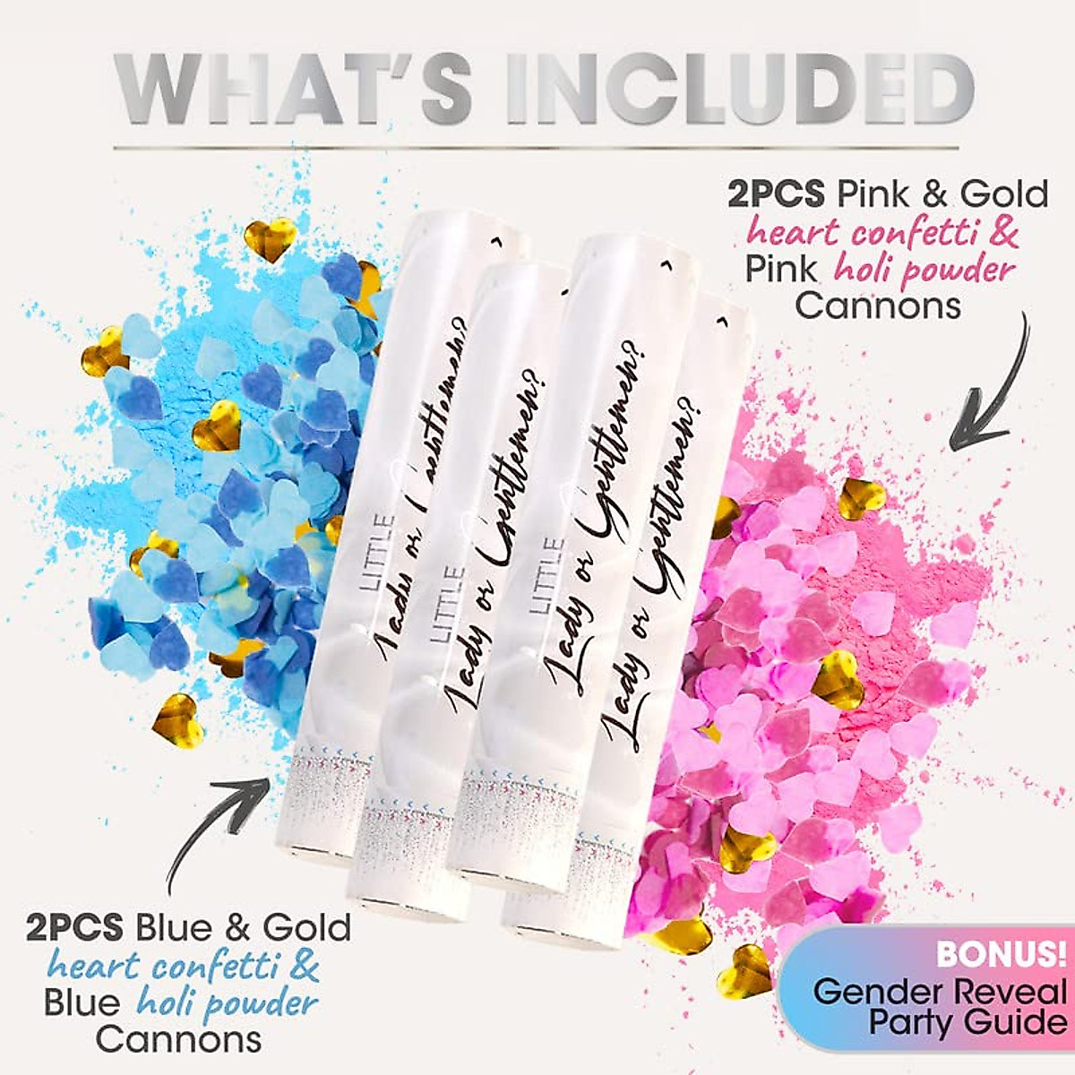 Gender Reveal Confetti Cannon Bulk - Set of 4 - Biodegradable Gender Reveal Powder Cannon and Heart Shaped Blue & Pink Confetti Cannons | Gender Reveal Ideas, Boy or Girl Gender Reveal Poppers and Smoke Gender Reveal Cannons | Gender Reveal Smoke Bombs an