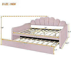 SOFTSEA Daybeds with Trundle, Full Upholstered Daybed with Trundle, Pink Modern Velvet Upholstered Daybed with Shell Headboard, Full Size Tufted Sofa Bed Daybed Frame for Bedroom, Pink