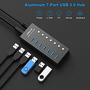 SGEYR Powered USB Hub, Aluminum USB 3.0 Data Hub Splitter 7 Ports with USB Charging Ports and Individual On/Off Switches with 12/2A(24W) Power Adapter for Laptop,HD Webcam,Printer (Light Black)