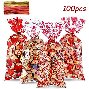 Blulu 100 Pack Valentines Party Treat Bags Plastic Valentines Cellophane Candy Bags Red Valentine's Day Cookie Bags 4 Styles Valentine Gift Bags with 200 Pieces Twist Ties for Valentine Party Supplies