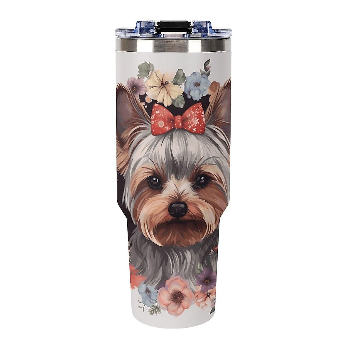 WYUSPGK 40oz Stainless Steel Car Mug, Yorkie Floral Print Travel Mug, Double-Wall Insulated with Straw, Perfect for Car, Office, Outdoor