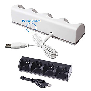 4-in-1 Charging Station for Wii Remote Controller with Rechargeable Batteries and Motion Sensor, Dock, Cable and Adapter - The Ultimate Charger for Nintendo Wii U/Wii（White）