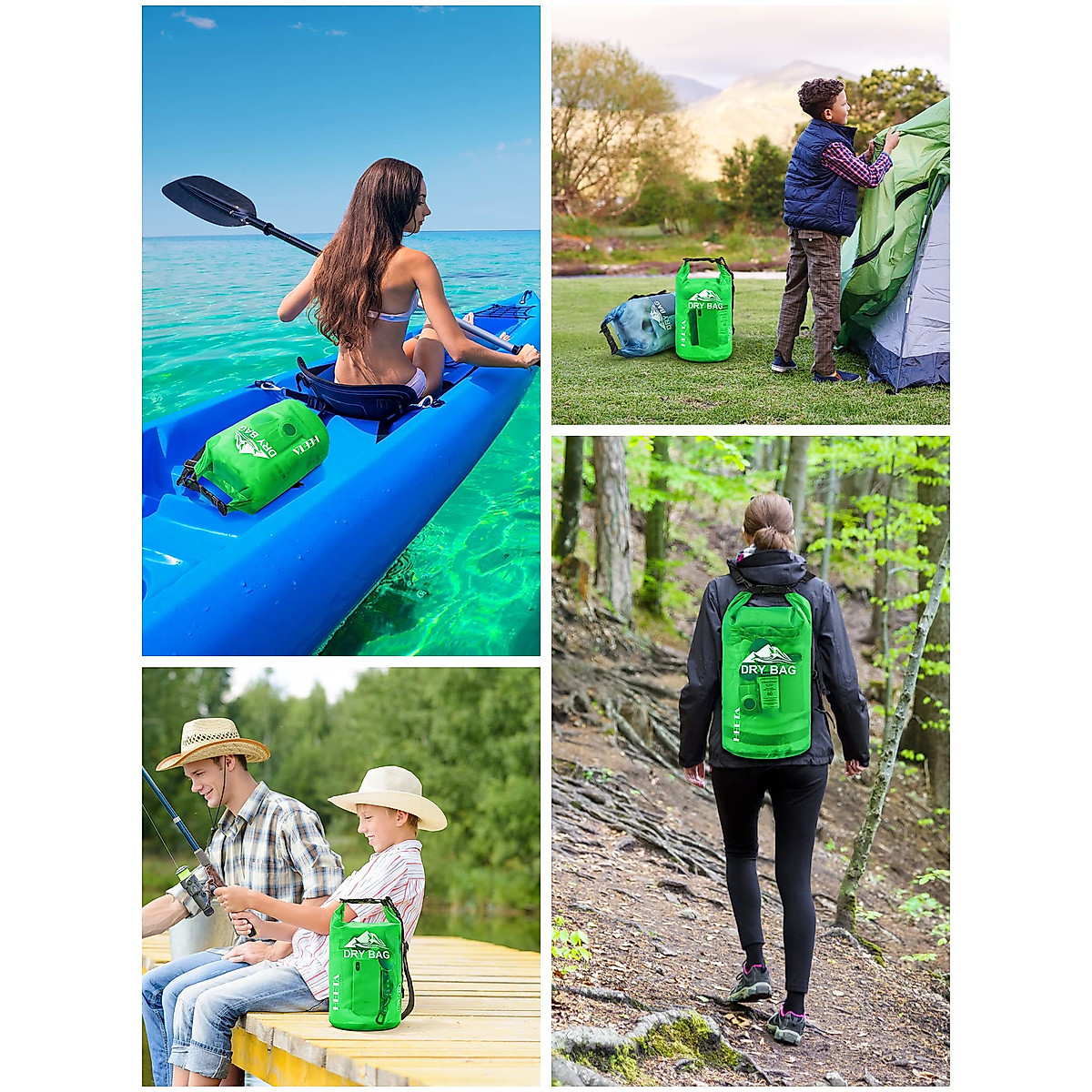 HEETA Waterproof Dry Bag for Women Men, Roll Top Lightweight Dry Storage Bag Backpack with Phone Case for Travel, Swimming, Boating, Kayaking, Camping and Beach, Transparent Green 20L
