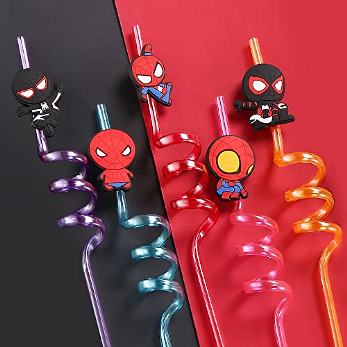 24 Spiderman Party Favors Reusable Drinking Straws 8 Designs Great for Spiderman Birthday Party Supplies with 2 Cleaning Brushes