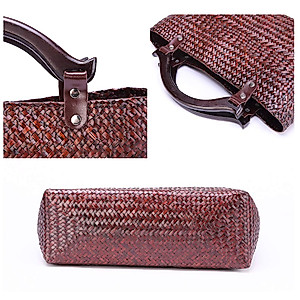 QTKJ Hand-woven Large Retro Straw Handbag Bag Summer Beach Boho Rattan Tote Travel Bag with Wooden Top Handle (Red)