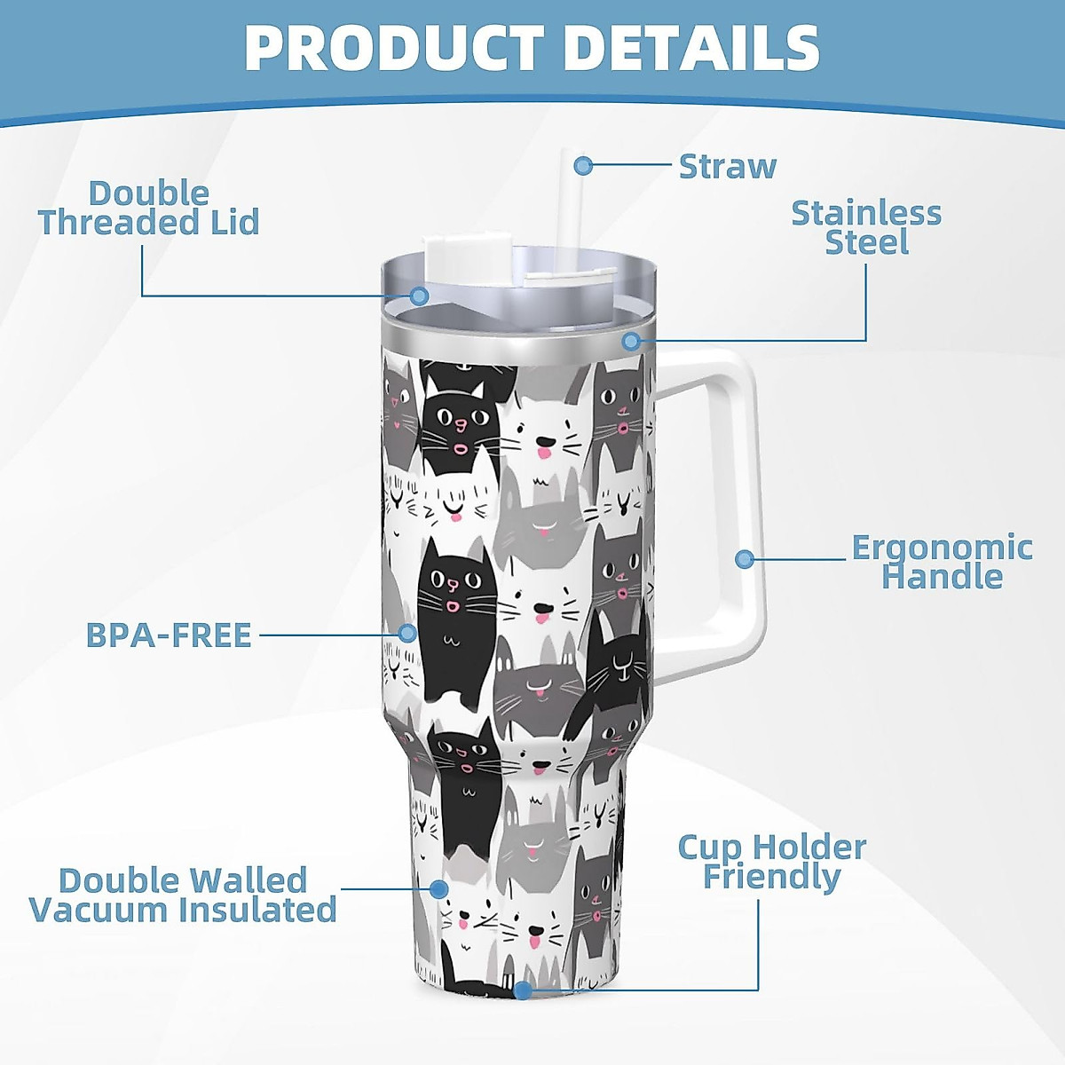 deaokluy 40 OZ Cute Cat Ice Bully Cup with Handle Straw Lid, Double Wall Stainless Steel Tumbler Travel Coffee Cup, Cartoon Insulation and Cooling Cup for Christmas Birthday Present