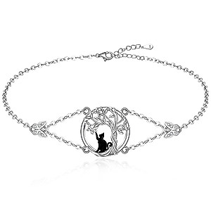 Black Cat Bracelet for Women Tree of Life Sterling Silver Cat Bracelets Black Cats Halloween Cats Lover Gifts