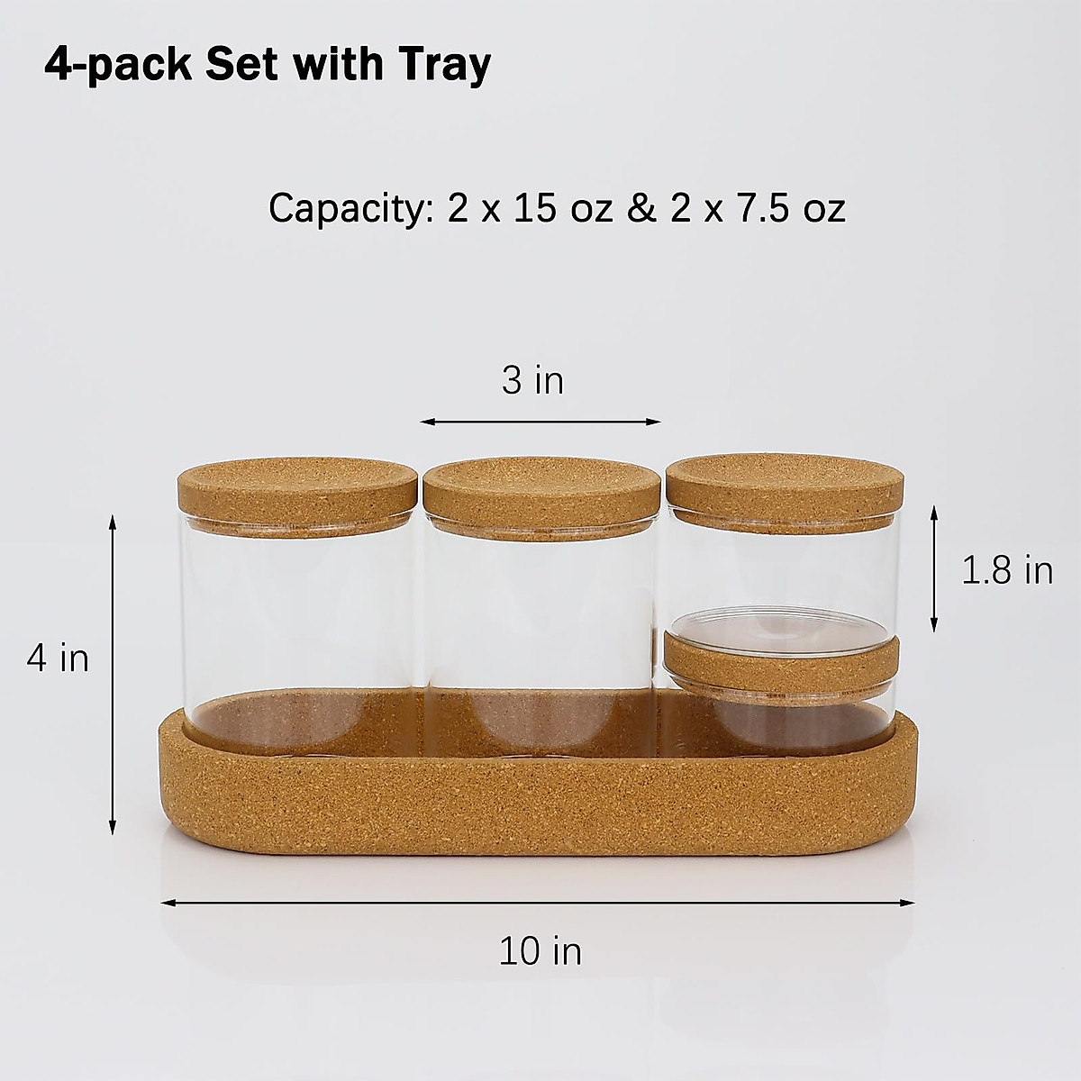 DAPOWER 4 Pack Qtip Holder Vanity Storage Canister for Cotton Ball Cotton Swab Pads Floss, 15-Ounce Clear Glass Apothecary Jar with Lid and Tray, Bathroom Organizer and Storage (4 pack set with tray)