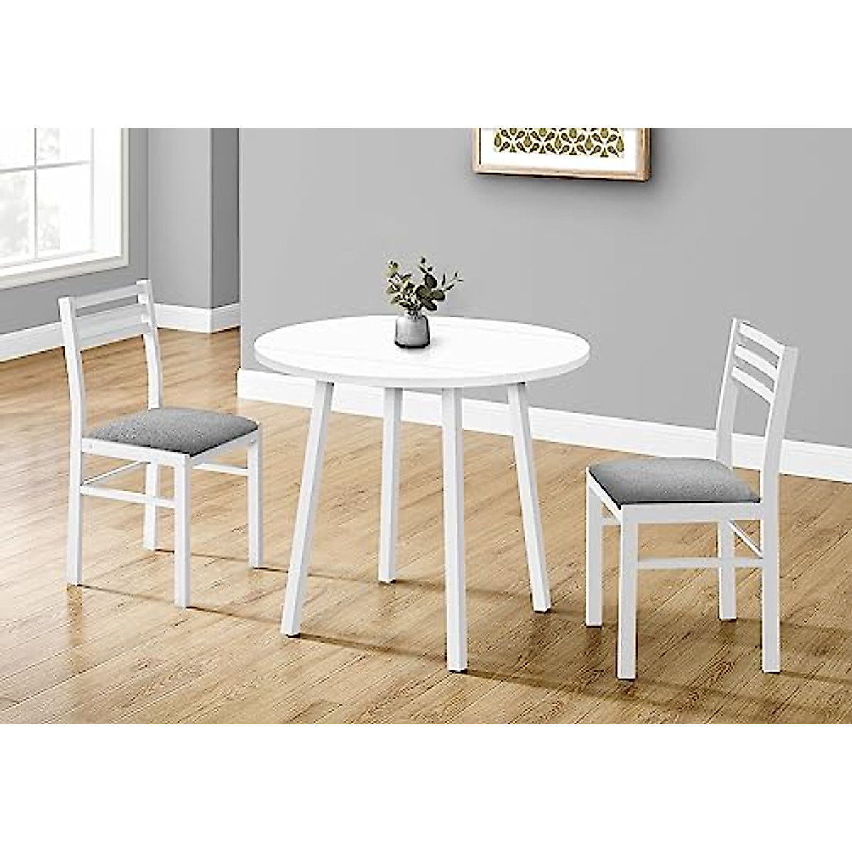 Monarch Specialties I 1011 Dining Table Set, 3pcs Set, Small, 35" Drop Leaf, Kitchen, White Metal and Laminate, Grey Fabric, Contemporary, Modern