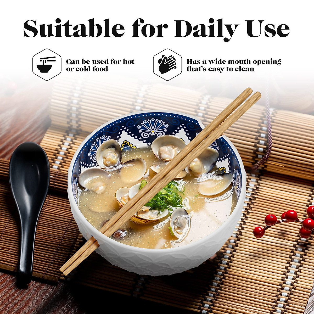 American Atelier Ramen Bowl with Chopsticks | Set of 2 | Soup Bowls for Kitchen | Udon Noodle Bowls with Chopsticks | Stoneware Rice Bowl | 6" Diameter (21 Oz) - Medallion Blue & Yellow Star Design