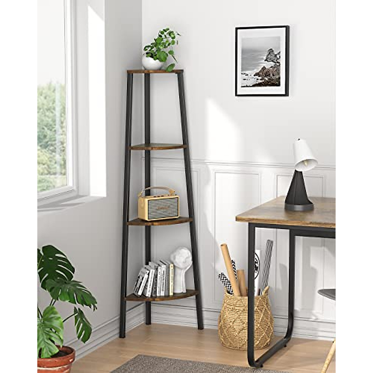 FURNINXS 4 Tier Corner Shelf Standing, Shelving Unit, Display Rack for Bedroom, Living Room, Office, Kitchen, Rustic Brown