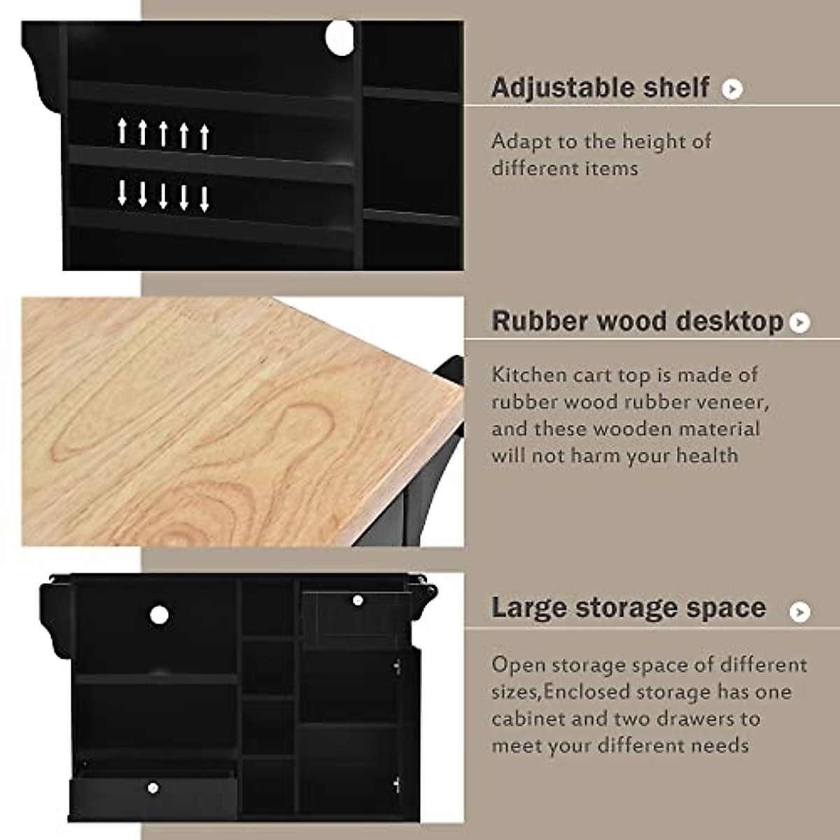 GLANZEND Utility Cabinet Carts on Lockable Wheel with Solid Wood Desktop, 50.8 Inch, Black