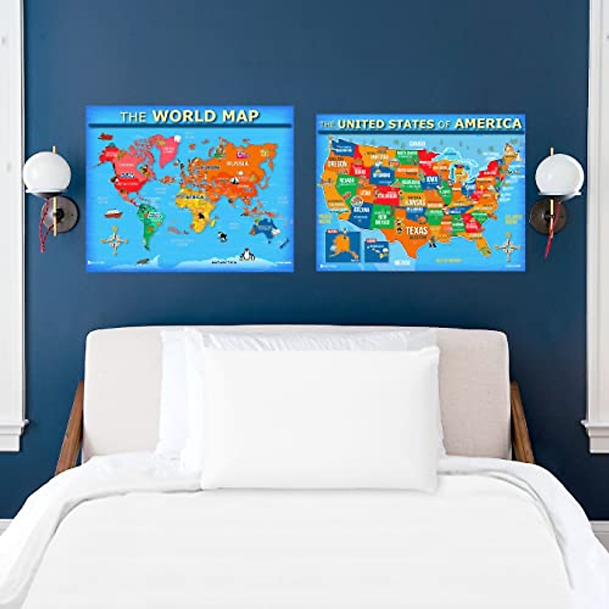USA and World map poster 2 pack for kids Laminated large illustrated Light blue Young N Refined 15x20)