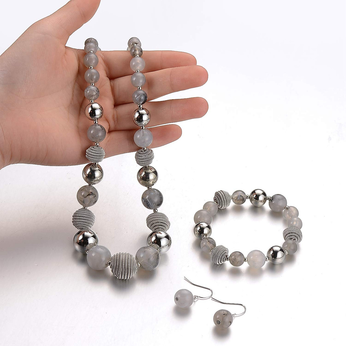 PEARL&CLUB Beaded Chunky Statement Necklace Earring and Bracelet Set Silver Metal Bead Fashion Jewelry Set Mothers’ Day Gifts for Women (Grey)