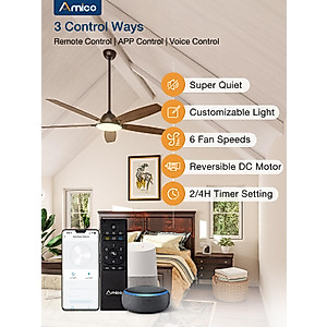 Amico Ceiling Fans with Lights, 52 inch Smart Ceiling Fan with Remote/APP/Alexa Control, Reversible DC Motor, 5 Blades, 6 Speeds, 3CCT, Dimmable, Noiseless, Wifi Ceiling Fan for Bedroom, Farmhouse