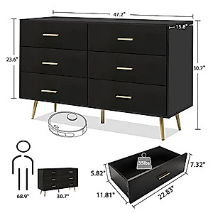 MAISONPEX 6 Drawer Dresser with Metal Handles , Black Modern Wood ,Chest of Drawers, Sturdy Frame Bedroom Furniture with Drawers for Closet Hallway, Living Room