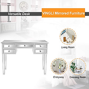 VINGLI Mirrored Vanity Desk with 5 Drawers, Modern Console Table/Sofa Table/Makeup Table (Silver, 41'' x 14'' x 30'')