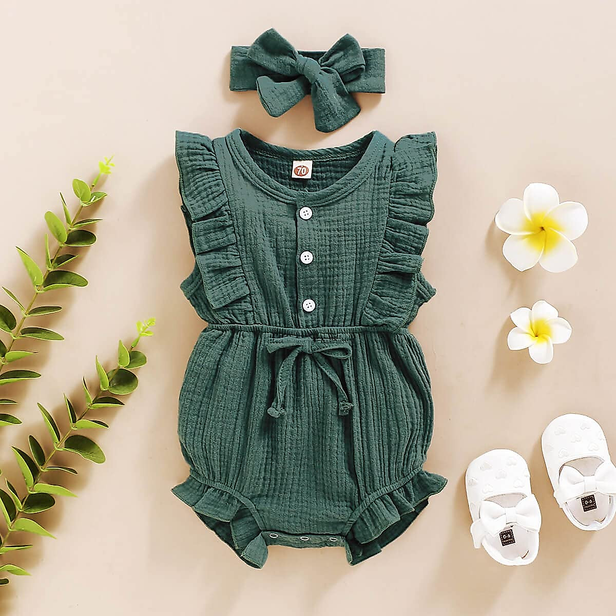 Renotemy Infant Romper Baby Girl Cotton Linen Outfits Short Sleeve Jumpsuits One-Piece Bodysuit Baby Girl Clothes 3-6 Months